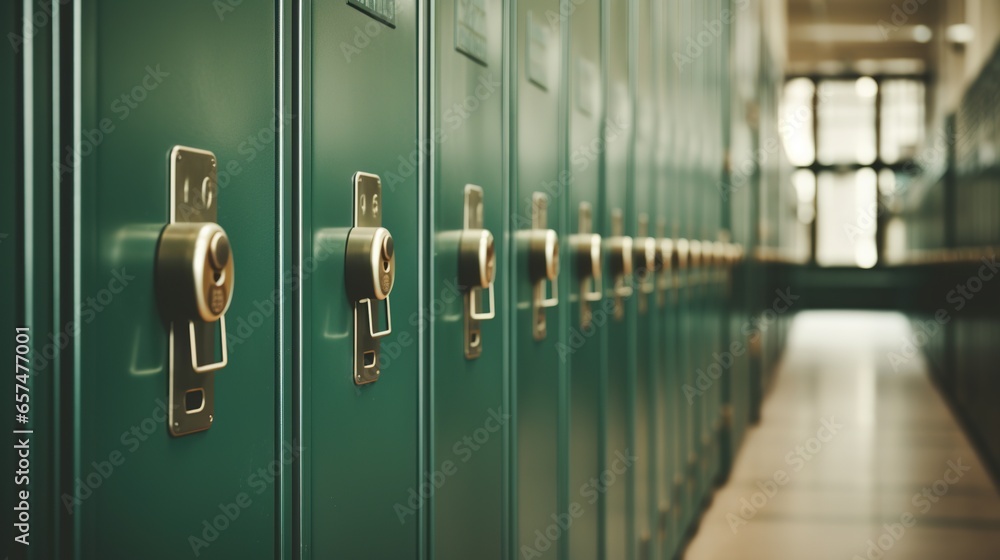 Generative AI, Row of high school lockers in the hallway, locker room ...