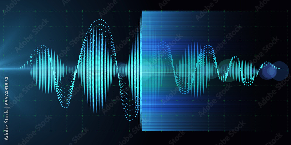 Abstract background with blue sound wave from lines in virtual space ...