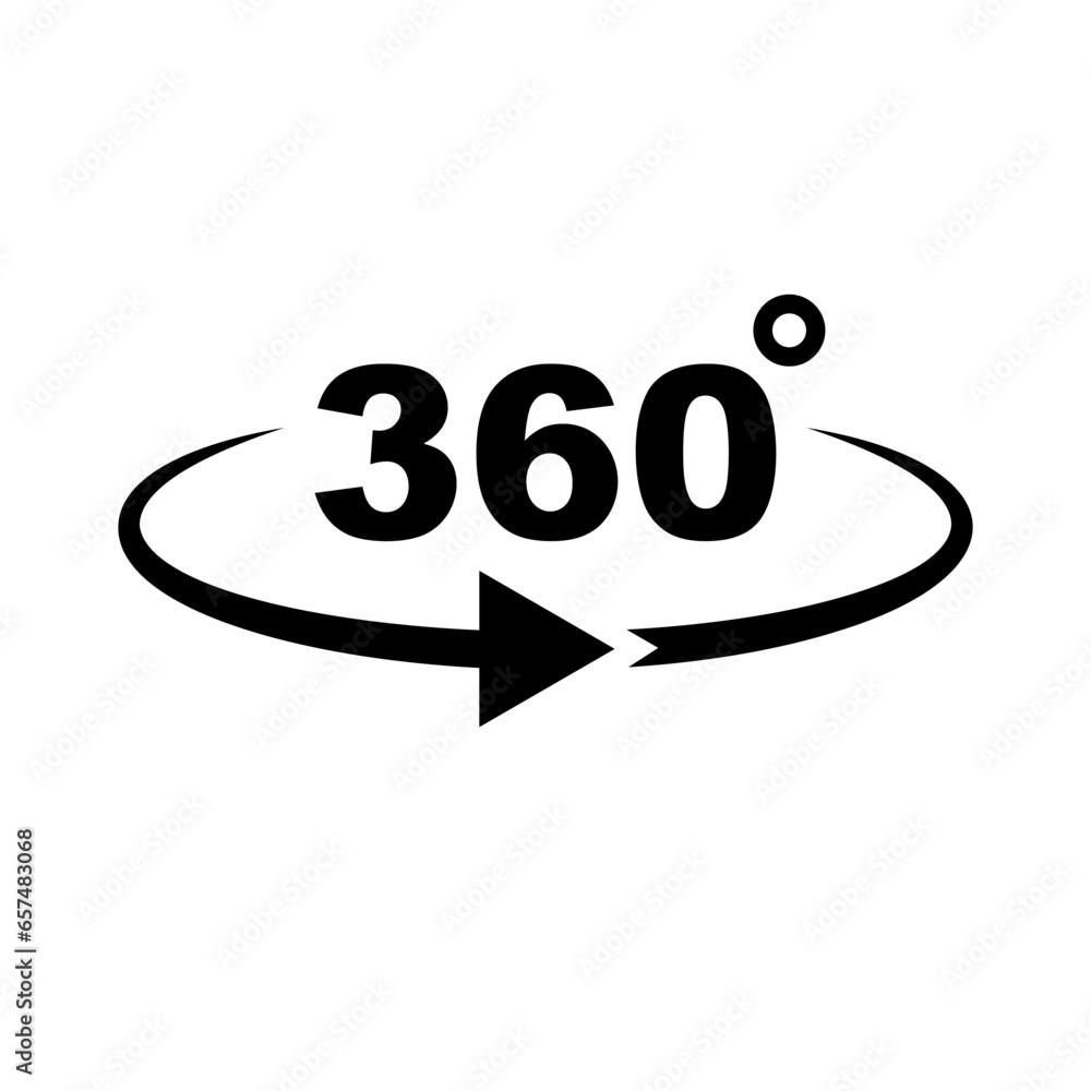 360 icon. 360 degrees, vector black silhouette. Circular arrow. Turn ...