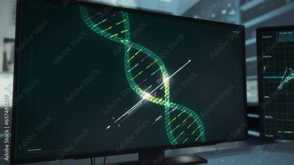 Helix DNA gene analysis in modern medical laboratory. Digital indicator scans helix DNA gene and ...