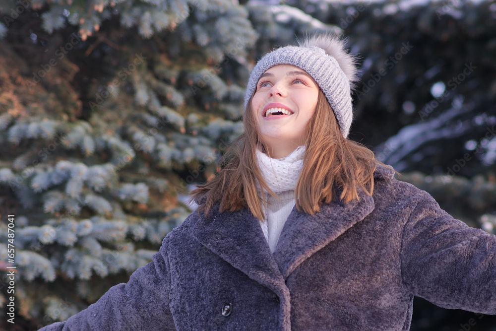 Portrait of beautiful girl young frozen pretty woman standing walking ...