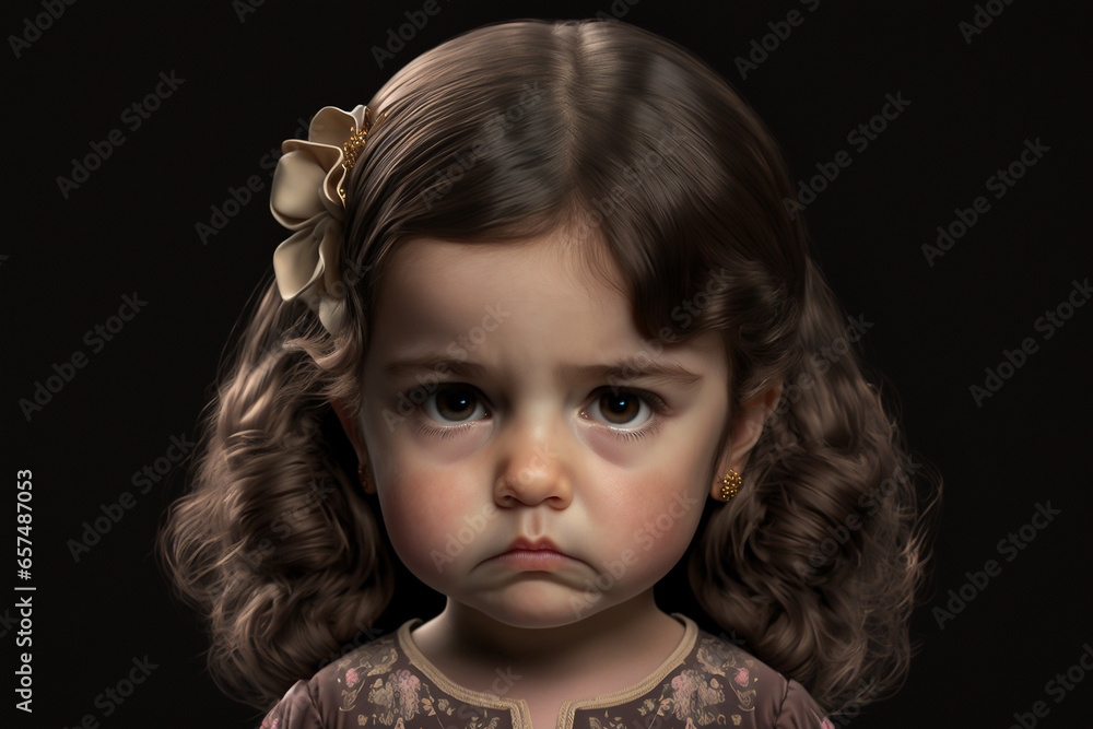 Portrait of cute little gloomy girl with a big brown eyes and wavy hair ...