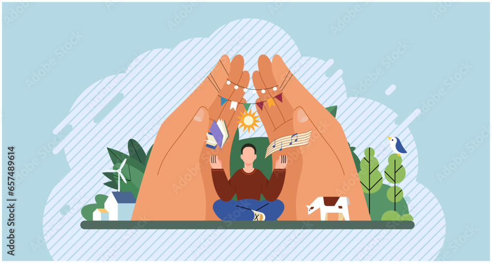 Wellbeing metaphor. Vector illustration. Humcare, nurturing soil for ...
