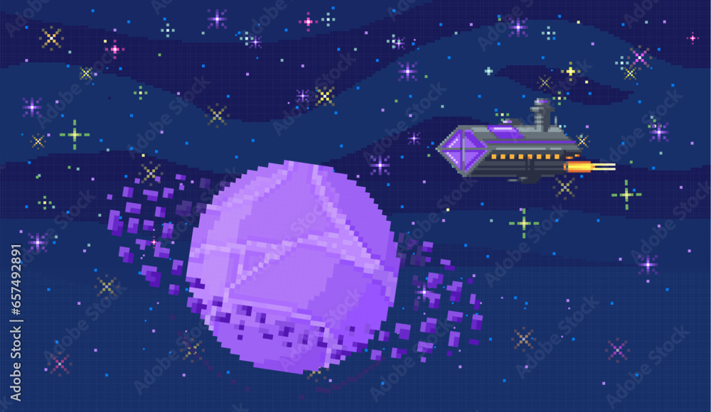 Space exploration fantasy alien landscape. Cartoon pixel art background ...