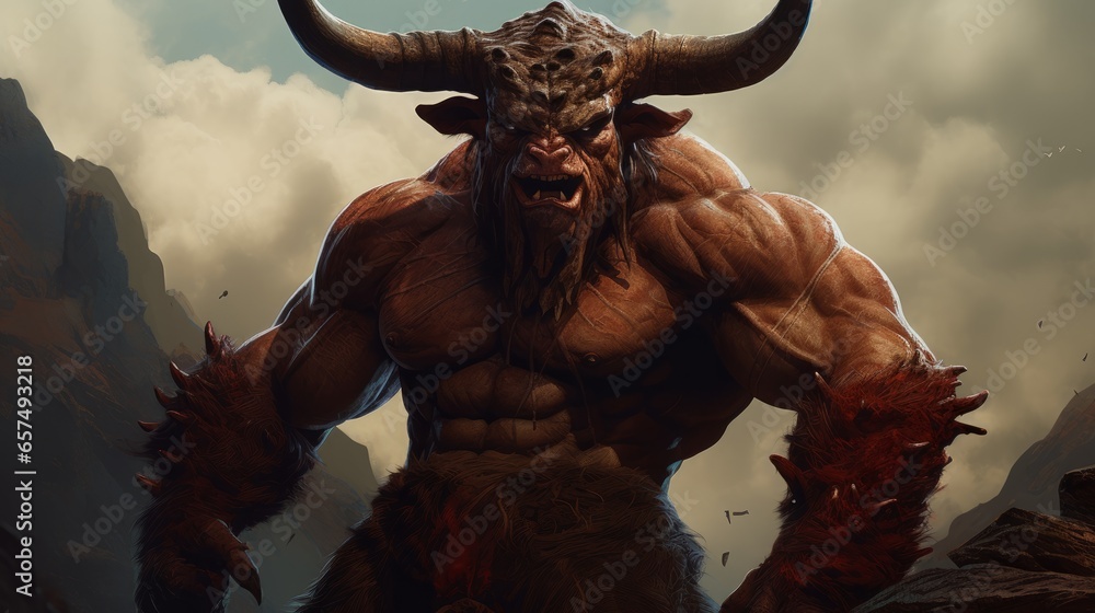 Art of a myth monster, minotaur, Half bull half human monster. Fierce ...