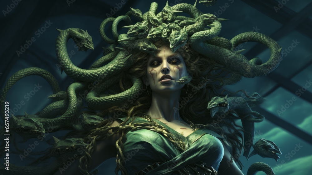 Illustration of Medusa a gorgon. A beautiful woman with green snakes on ...