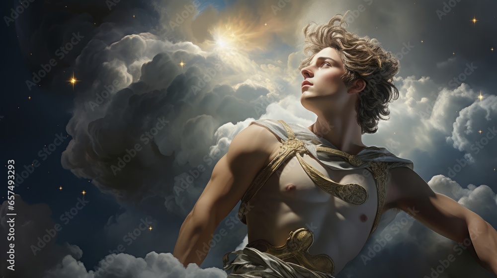 Painting of a beautiful male god, the Greek god Apollo. Olympian god of ...