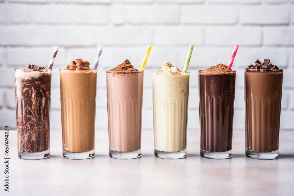 several different chocolate milkshake types aligned in a row Stock ...