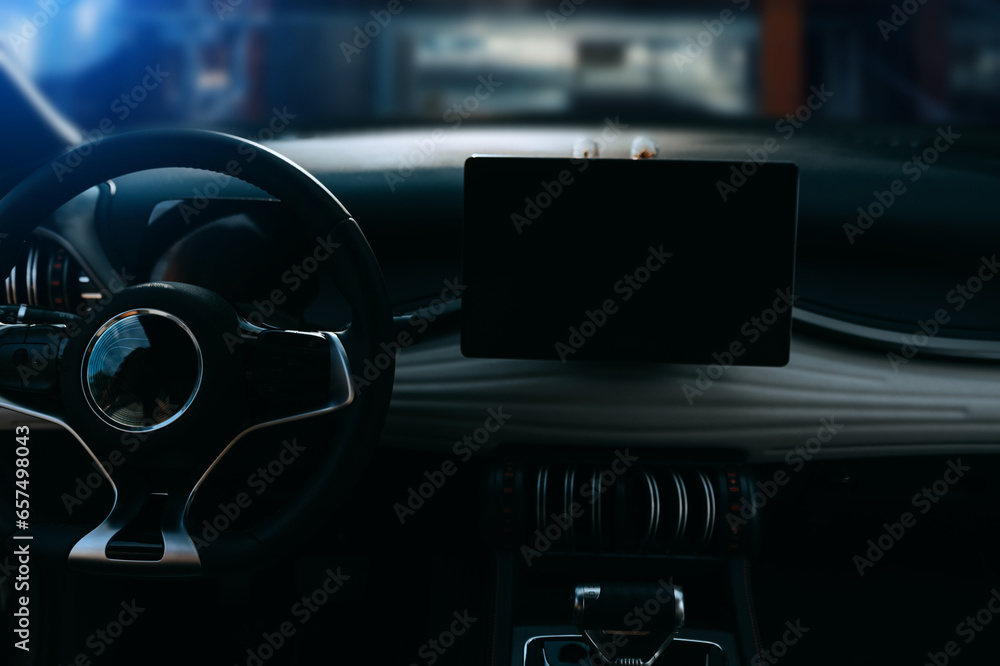 Monitor in EV car with isolated blank screen use for GPS. Isolated on ...