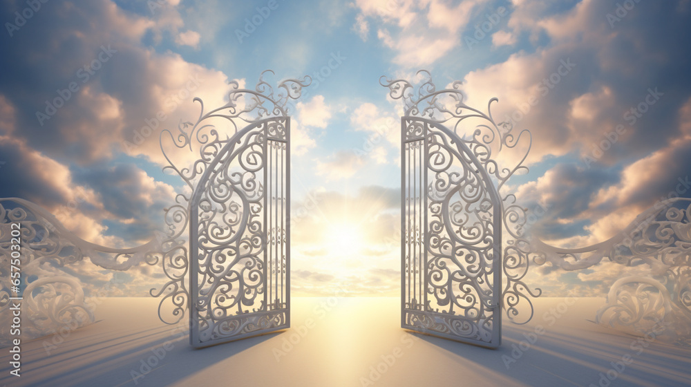 gates and light are hanging above clouds, in the style of made of ...