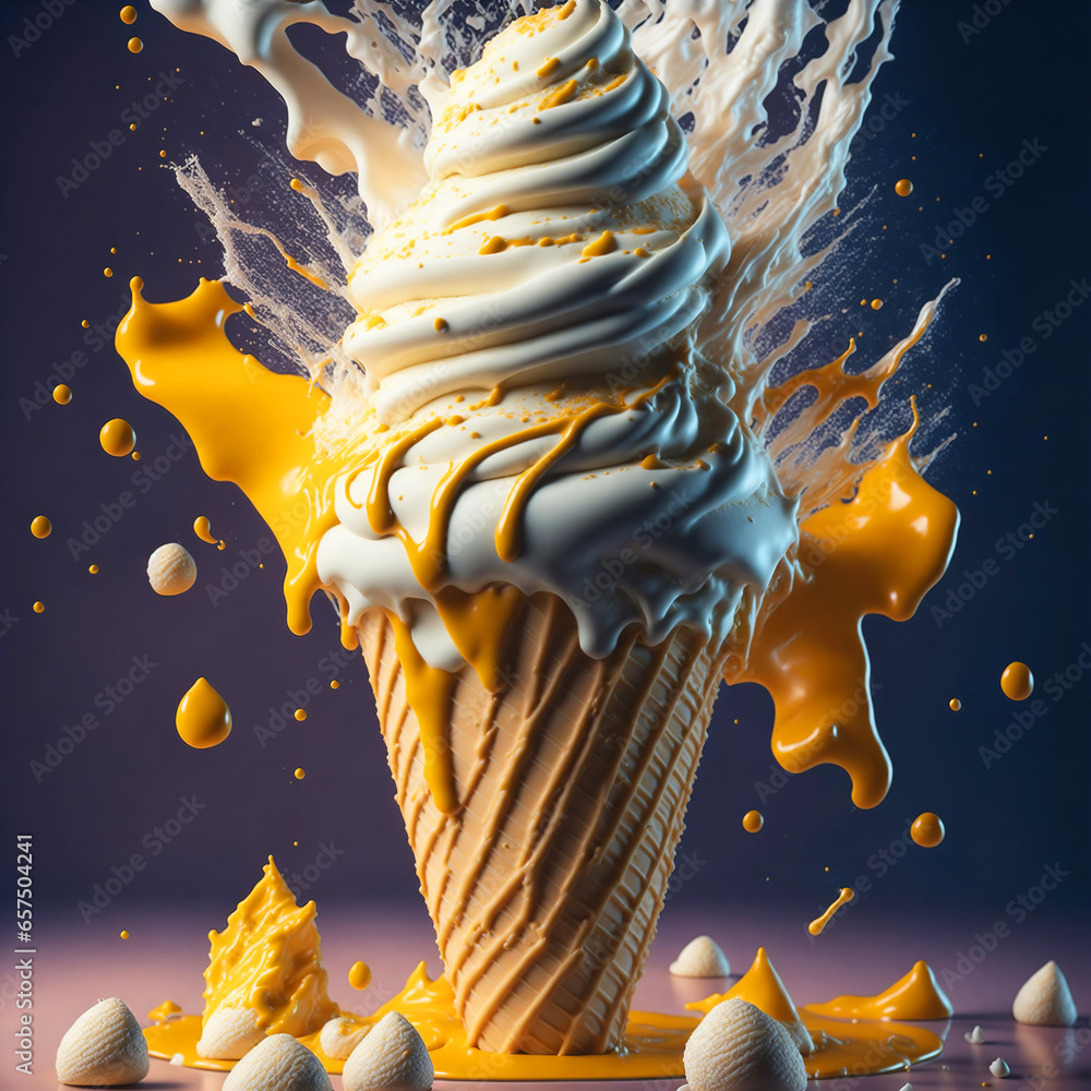 Delicious splash ice cream cone design with liquify sweets dessert ...