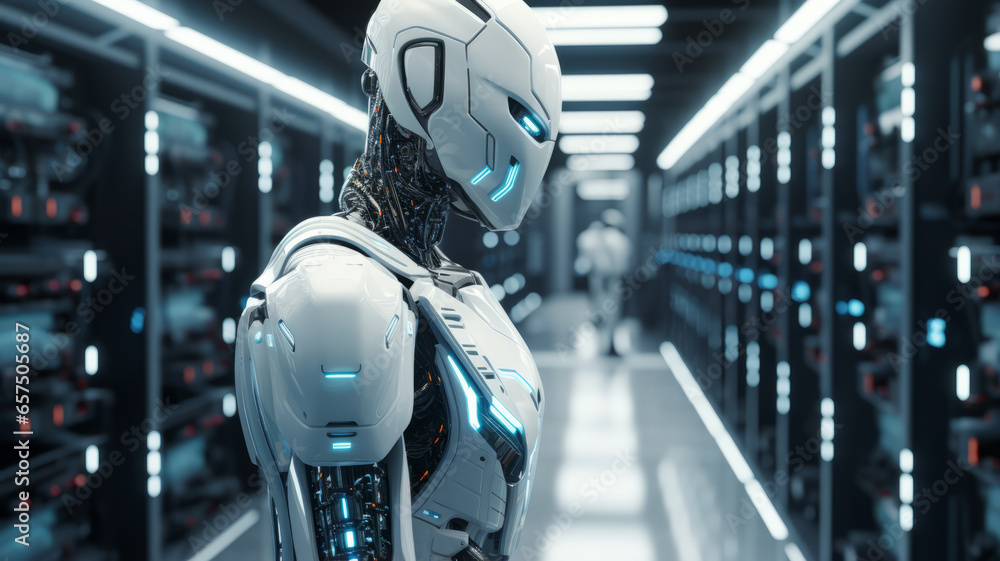 Data center with multiple rows of fully operational server racks room ...