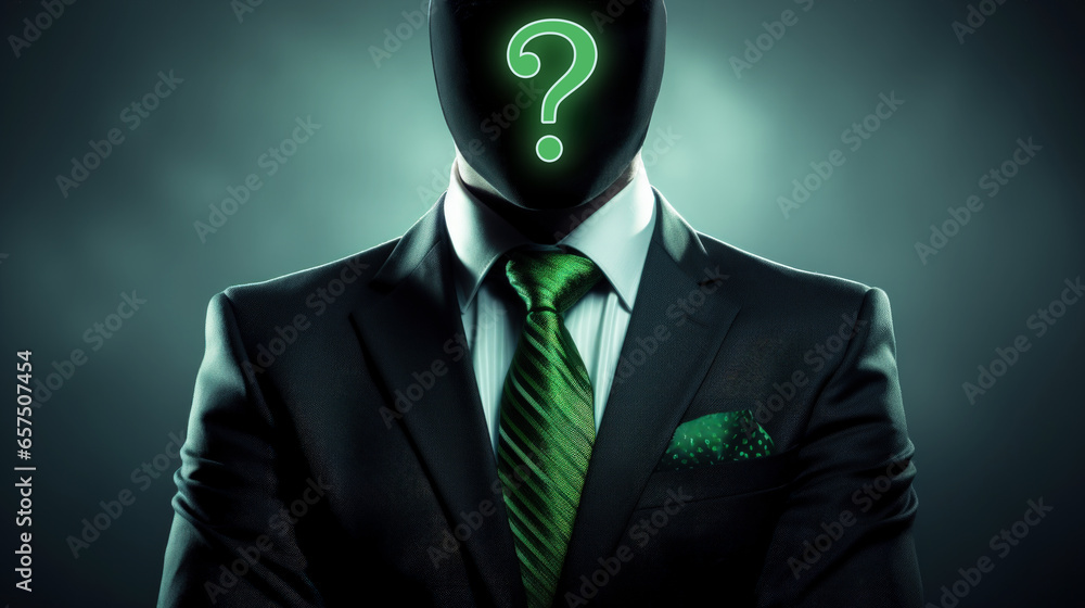 Mysterious anonymous man in green business suit with question mark on ...