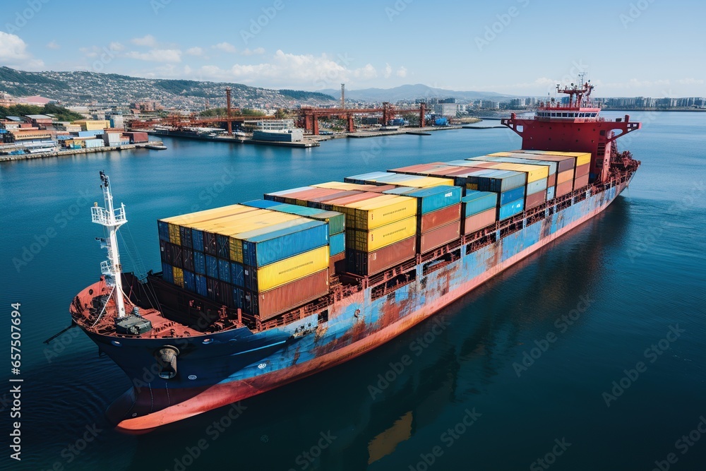 photograph of Aerial top view container ship with crane bridge for load ...