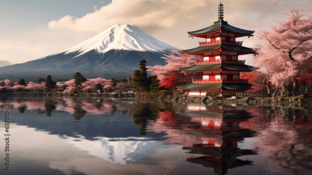 a traditional Japanese temple on the right with traditional red gate ...