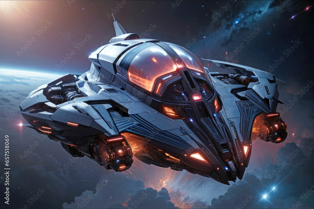 Realistic sleek futuristic alien spaceship flying in a nebula galaxy ...