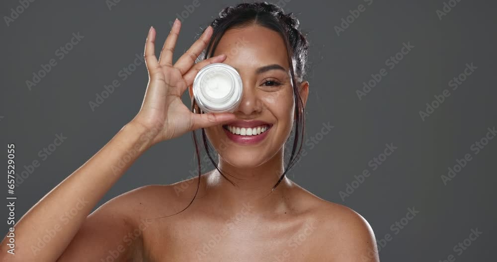 Portrait, container and woman with beauty, cream and cosmetics on a ...