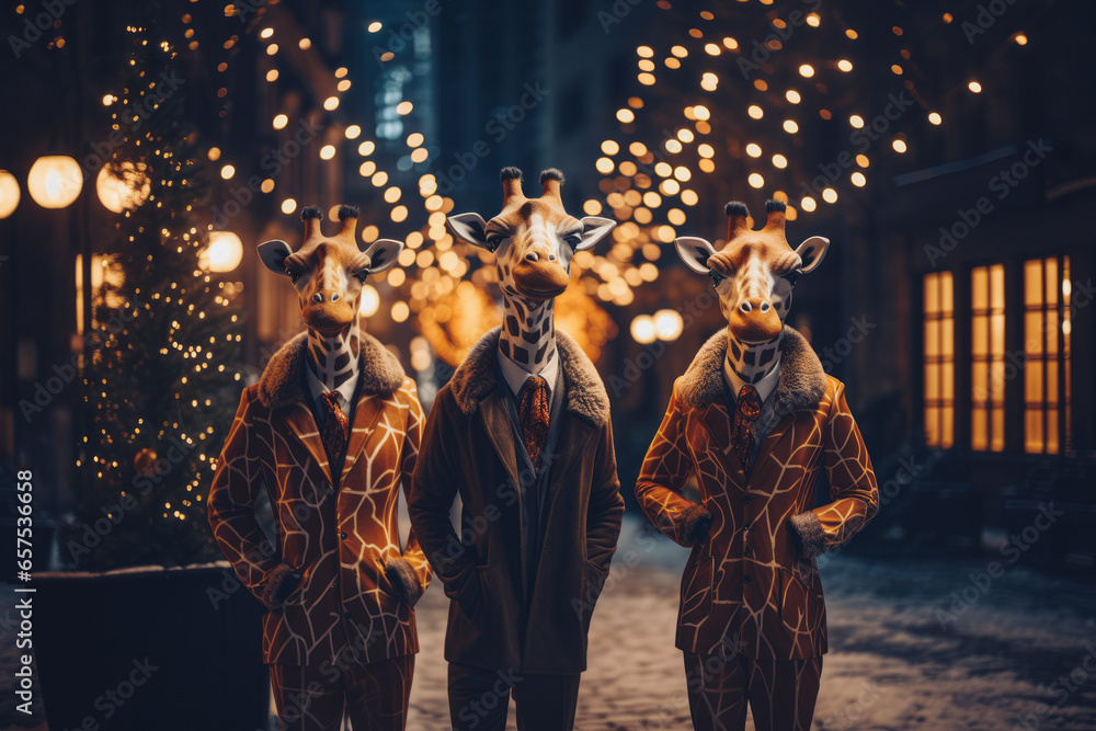 Three friends girafes standing like humans and posing at night ...