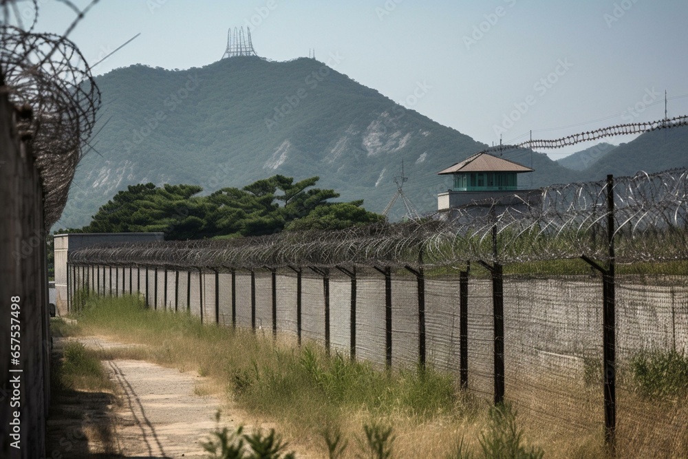 Fences, barbed wire, military tower on North Korea-South Korea border ...