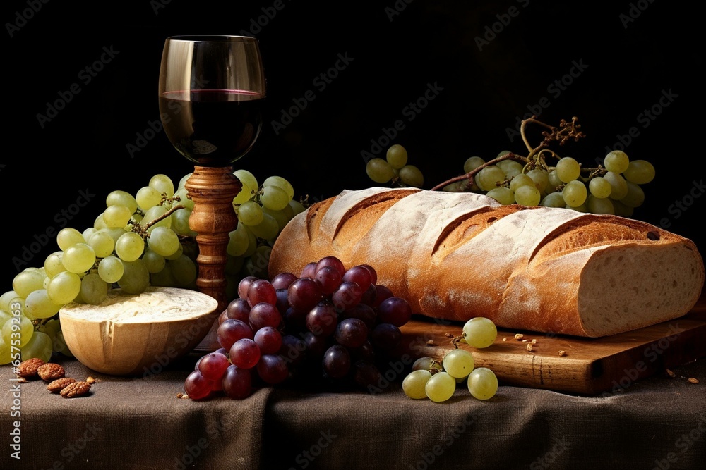 An image of a wine and bread still life with grapes arranged similar to ...