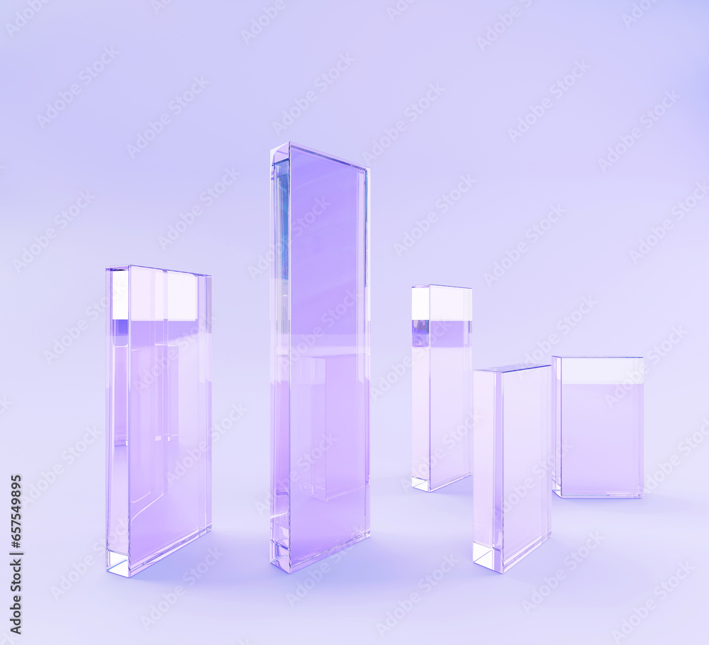 3d render glass transparent clear rectangle plates on purple background ...