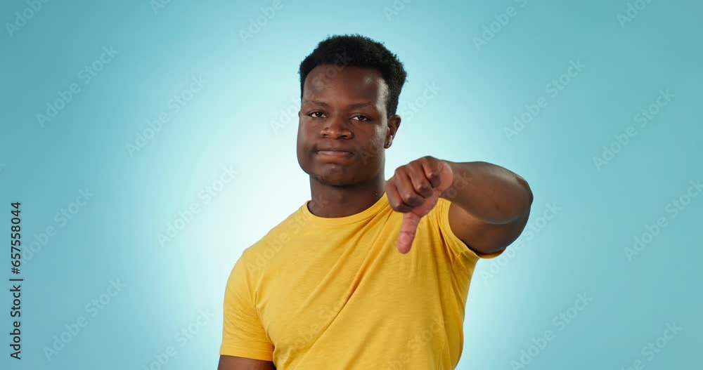 Thumbs down, face or man in studio for sad rejection of bad news, emoji ...