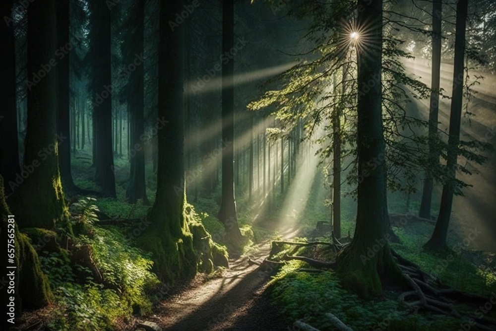 Green forest, trees in the forest, sun rays, digital art style ...