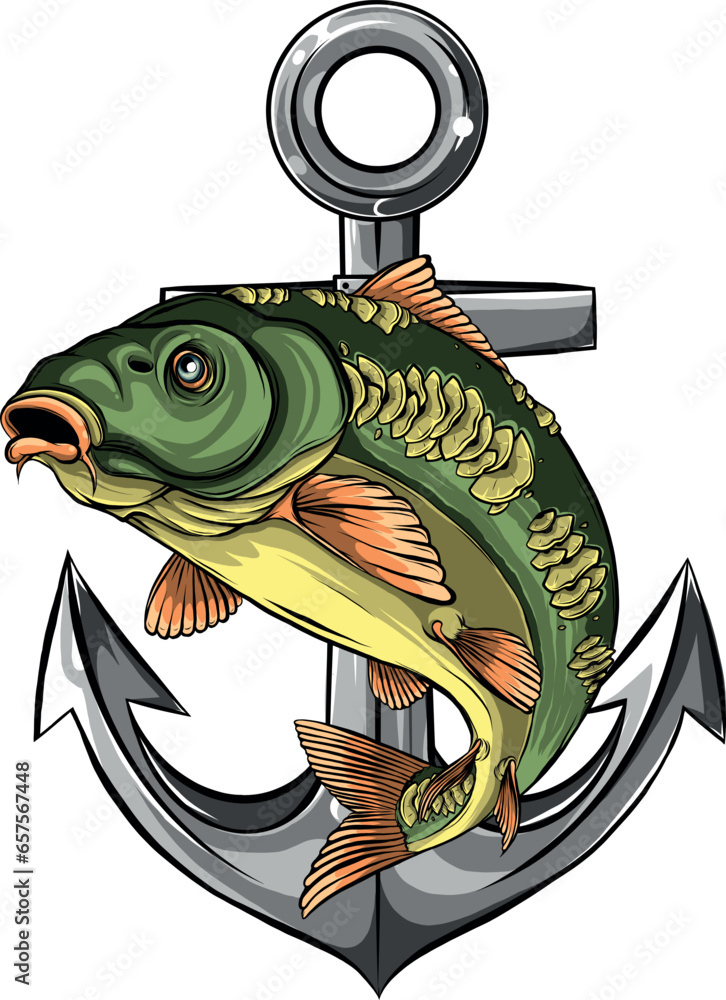 vector illustration of carp fish with anchor Stock Vector | Adobe Stock