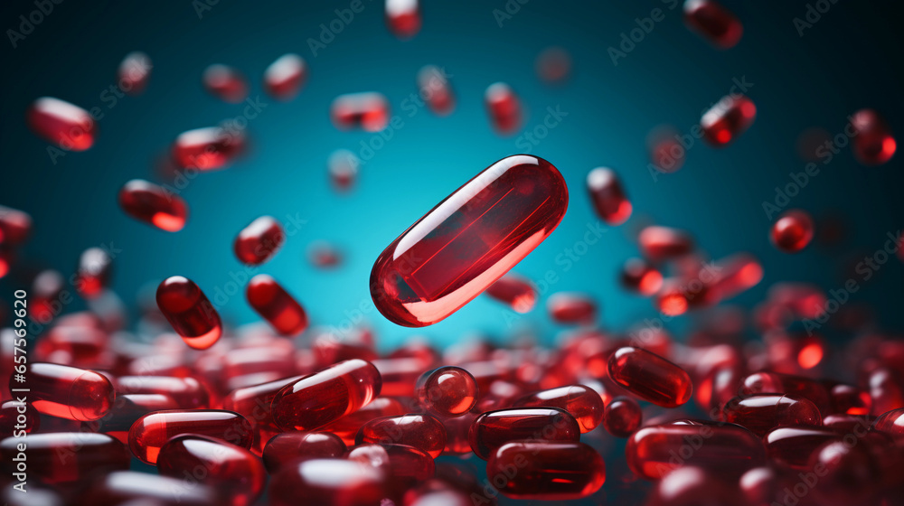 Cascading Red Pill Capsules: Capsules Falling onto a Flat Surface Stock ...