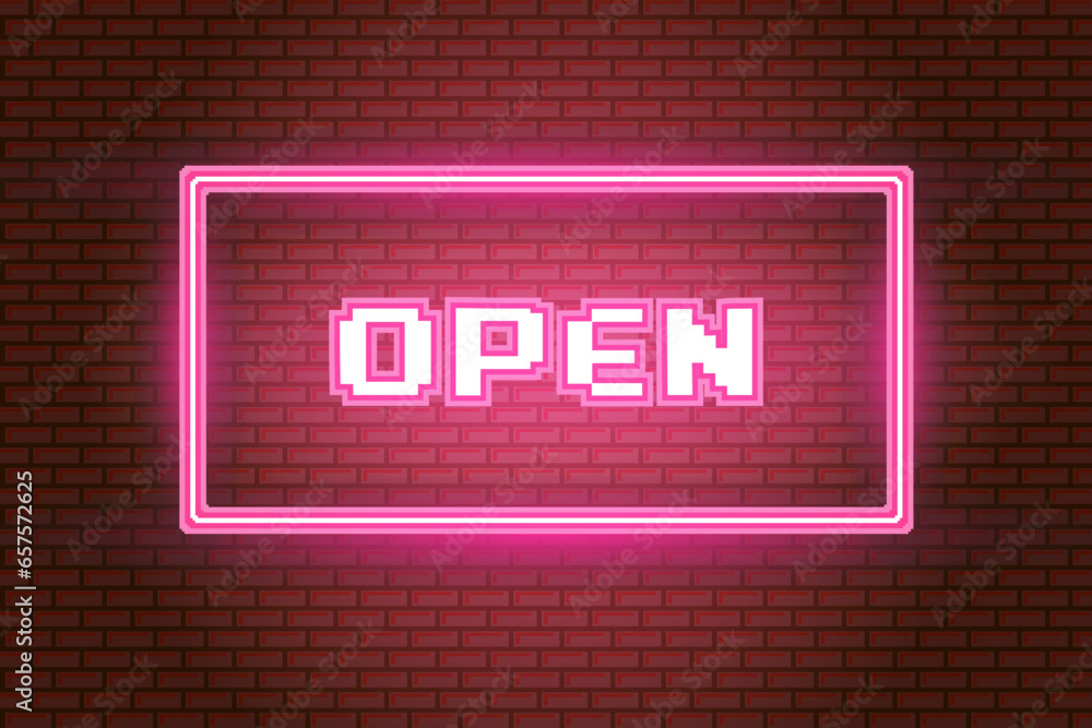 Retro pixel art 8 bit game screen background. Come in we're open on ...