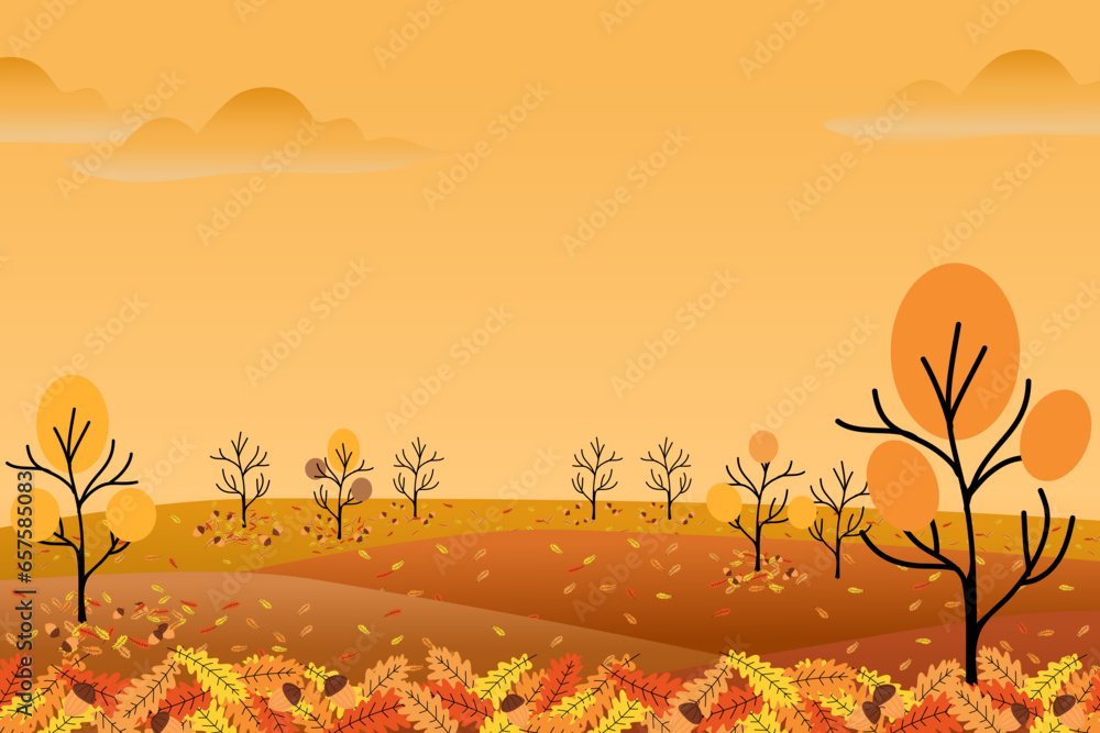 Autumn Landscape Background.Oak trees , leaves, Acorn. Vector cartoon ...