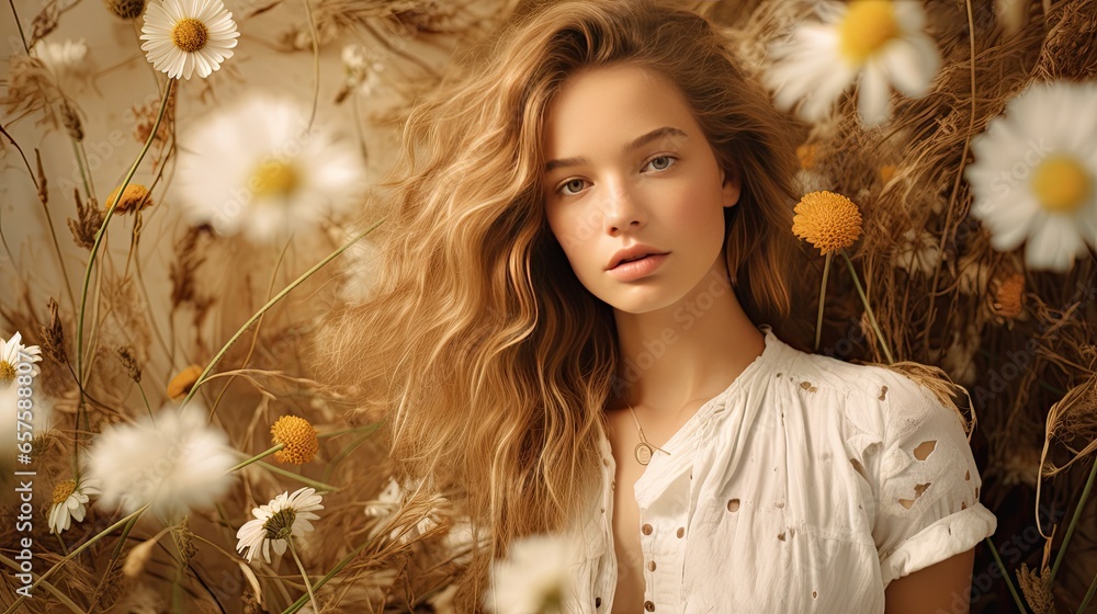 Model with a whimsical expression surrounded by wild daisies and dried ...