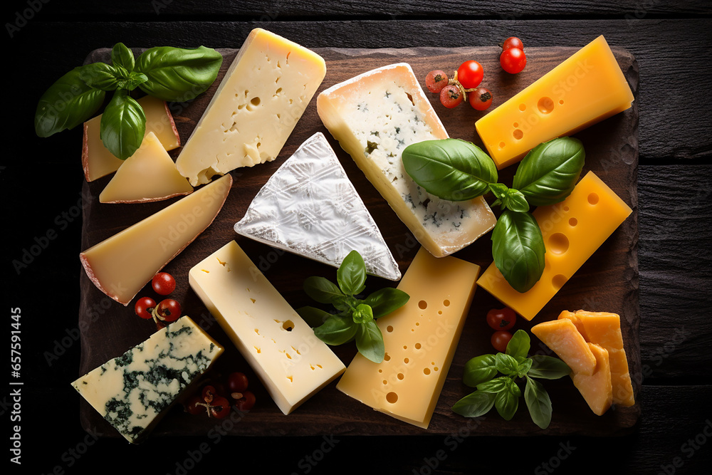 Different types of cheese on wooden board on a dark black background ...
