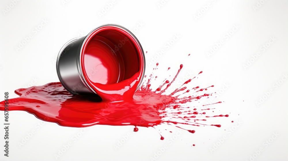 Wall paint bucket with red paint flowing out from bucket on isolated ...