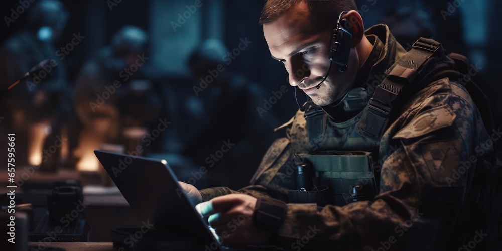 A soldier uses a laptop. Reconnaissance and viewing of satellite data ...