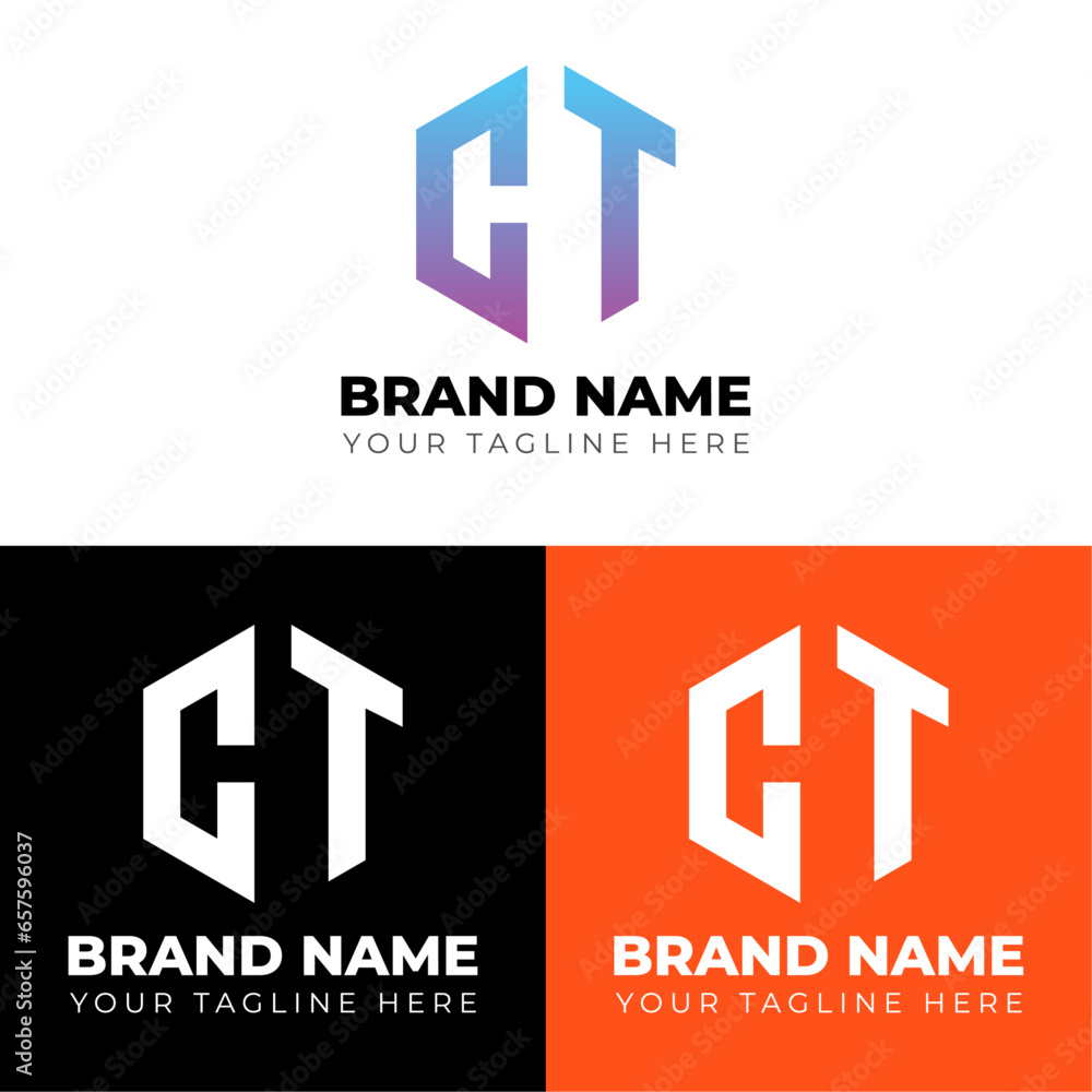 C T letter polygon logo vector, Two letters C T logo design , Double ...