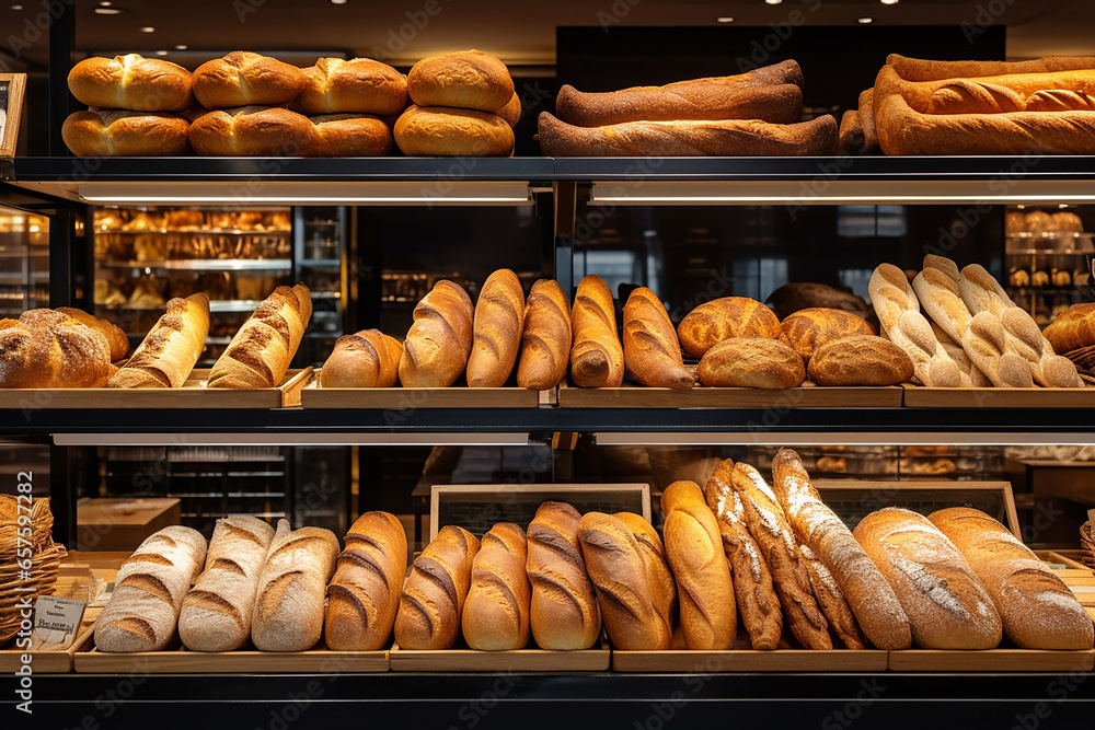 Breads on supermarket shelves, Different types of bread loaves, bread ...
