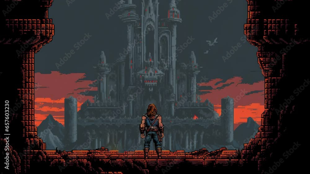 An Young Warrior Standing on the ruin watching Vampire Castle in 8 Bit ...