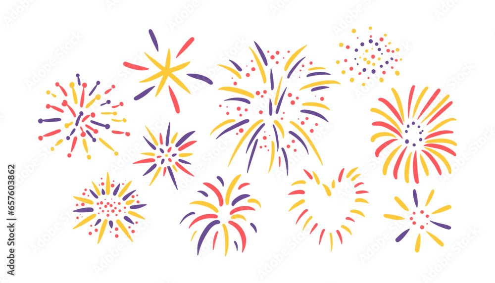 Set of simple hand drawn fireworks. Doodle sketch style. Festive ...