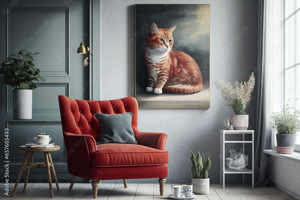 Painting with a cat, apartment design, big red cat, digital art style ...