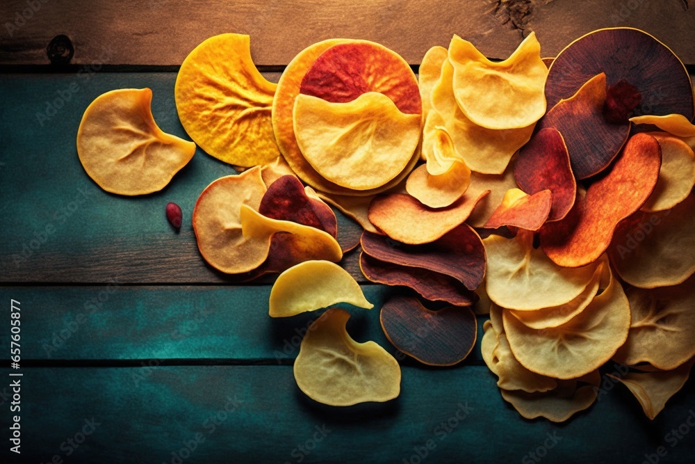 Dried fruits, sliced fruits, fruit rings on the table, digital art ...