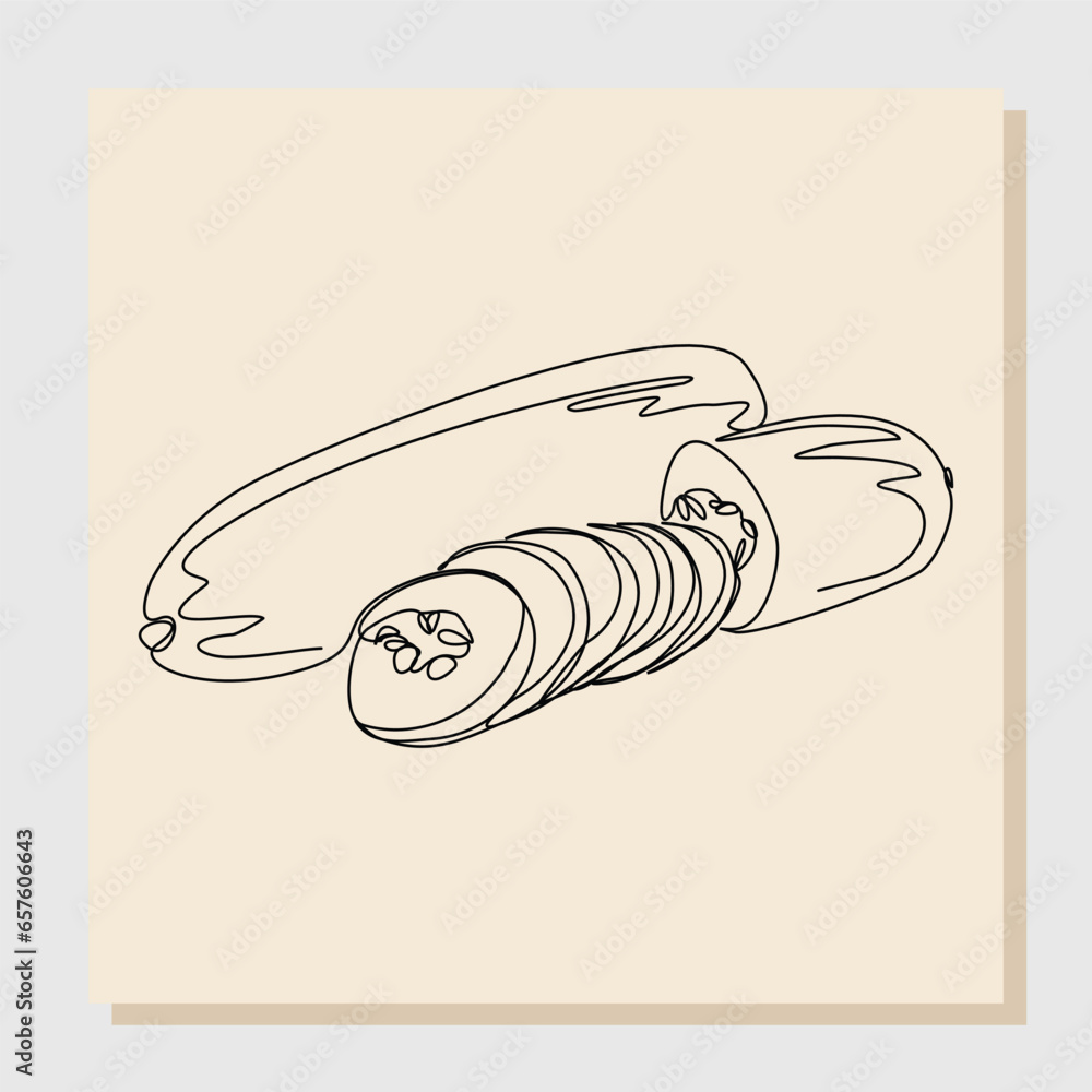 Continuous single line sketch hand drawn drawing of sliced cucumber ...
