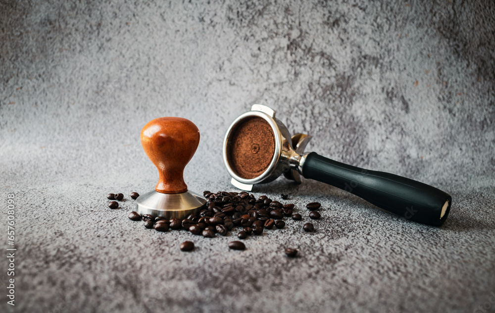 Equipment in a coffee shop of barista coffee tool portafilter with ...