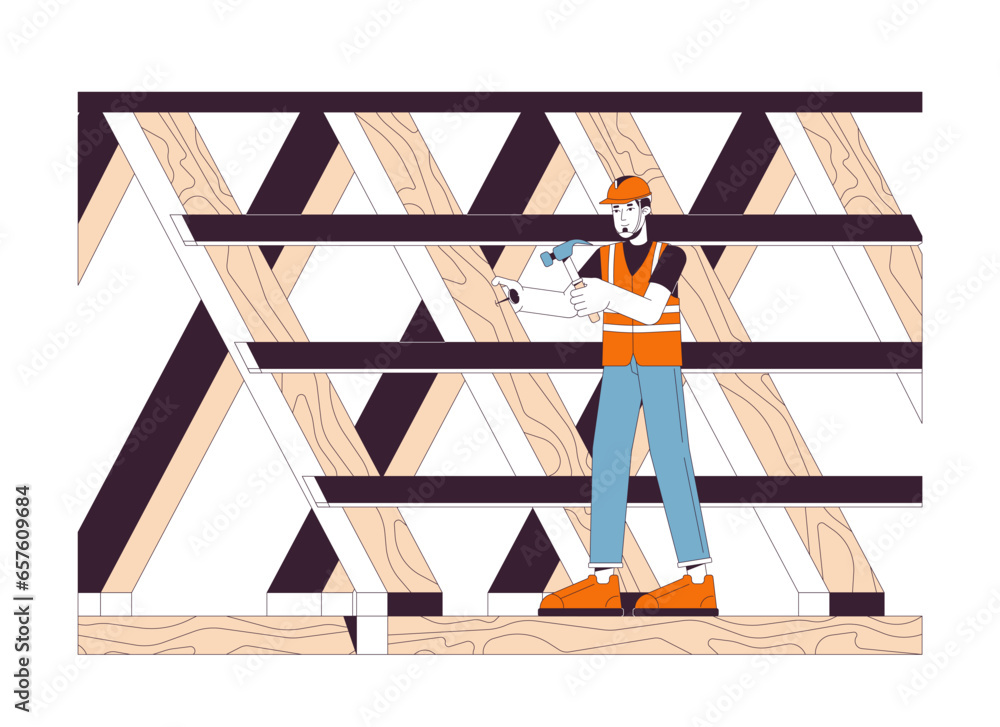 Roofing construction site line cartoon flat illustration. Caucasian ...