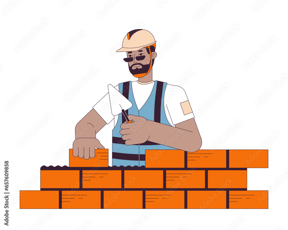 Construction worker laying bricks line cartoon flat illustration ...
