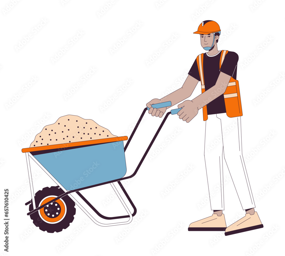 Construction worker transporting concrete on wheelbarrow cartoon flat ...