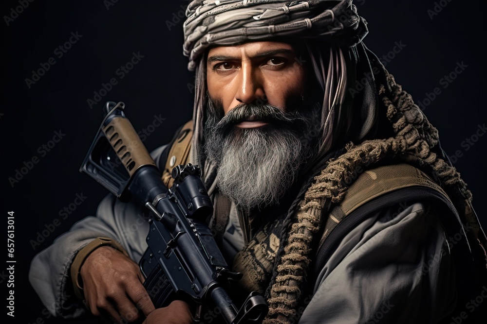 Islamic warrior with weapons over dark background. Liberators warrior ...