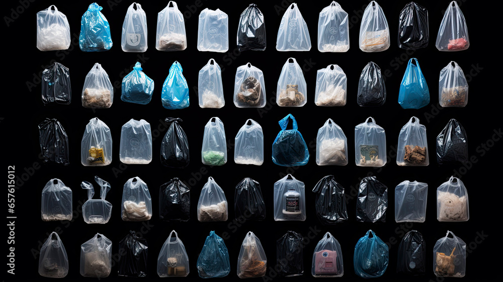 Recycling plastic bags collection filled with recyclable bottles cans ...