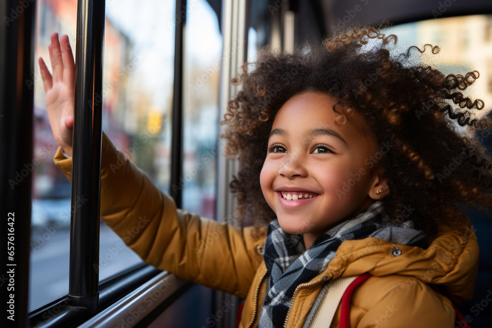 Happy kid waving goodbye on a bus. Happy family time. Stock Photo ...