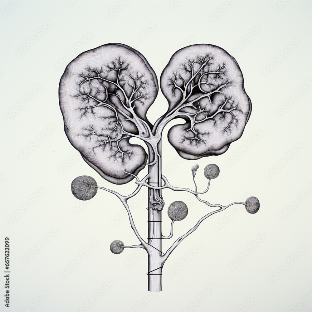 A line art drawing of a kidney, showing its distinct renal pelvis and ...